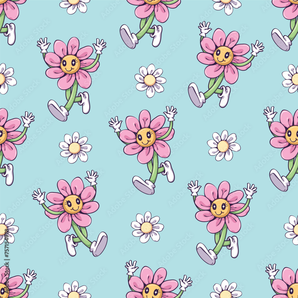 Seamless pattern of cute flower cartoon. Flower with a smiling face ...