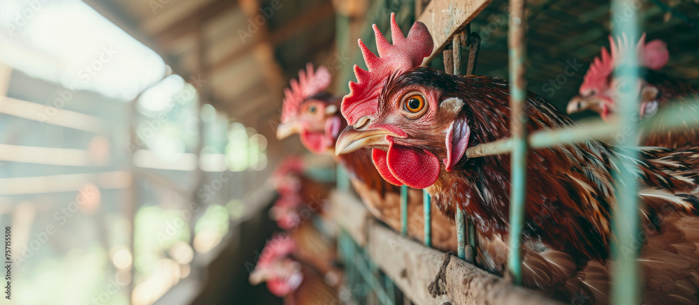 Brown chickens peering out from their confined cages in industrial farm ...