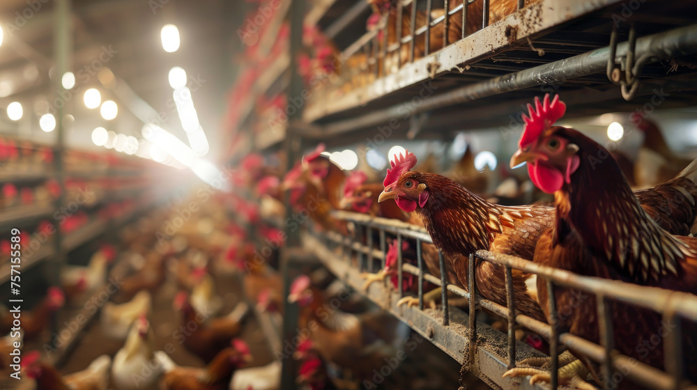 Poor living conditions in poultry production. Animal rights. Brown ...