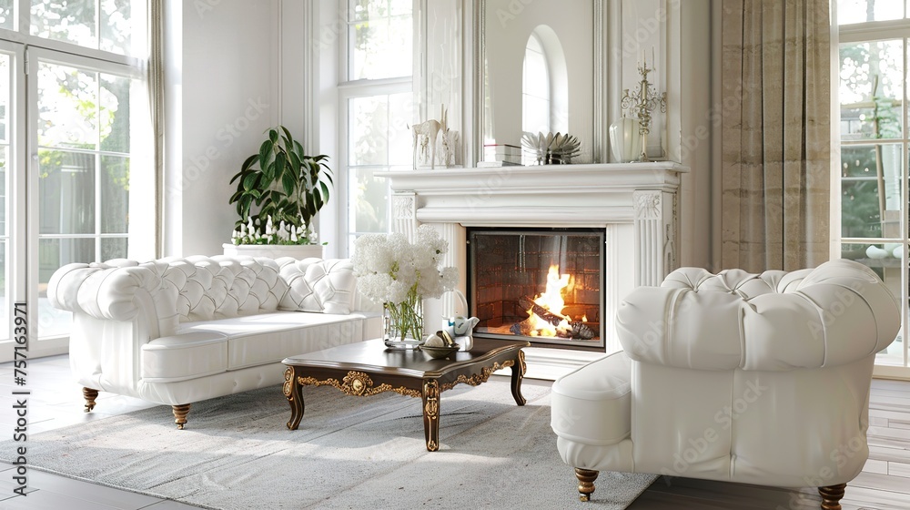 Wooden live edge accent coffee table between white sofas by fireplace ...