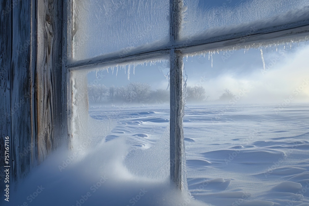 A window with ice hanging off its sides is captured on a clear winter ...
