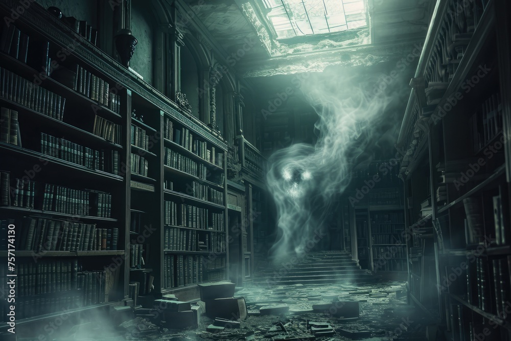 Eerie Room Overflowing With Books, A Haunting Photo of a Dark and ...
