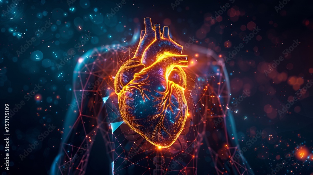 isolated heart with pain center on low poly wireframe background. 3D ...
