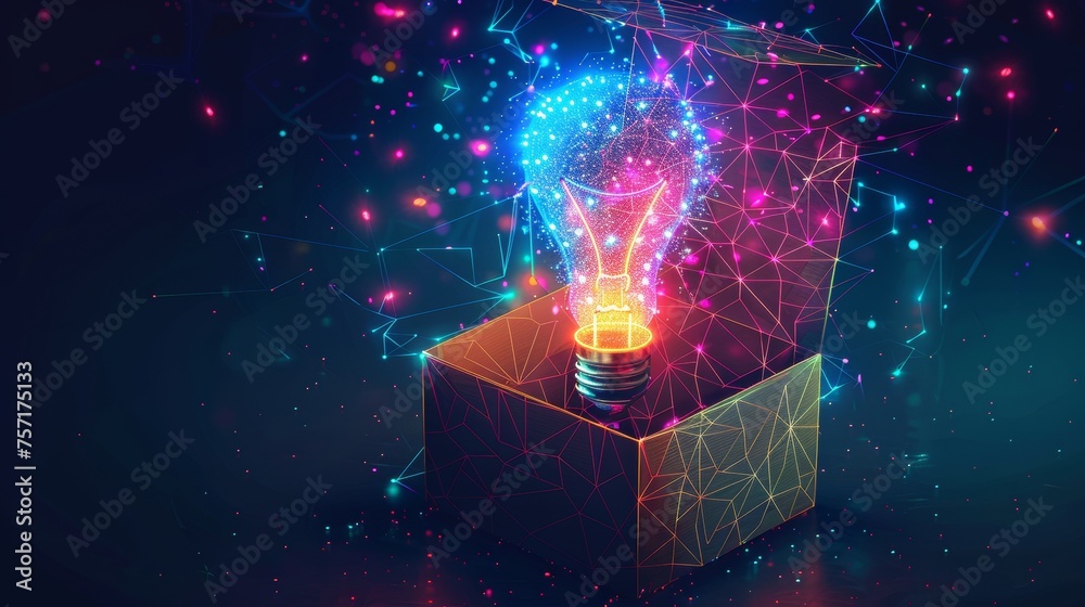 The abstract open box with a light bulb. Think outside the box. A low ...