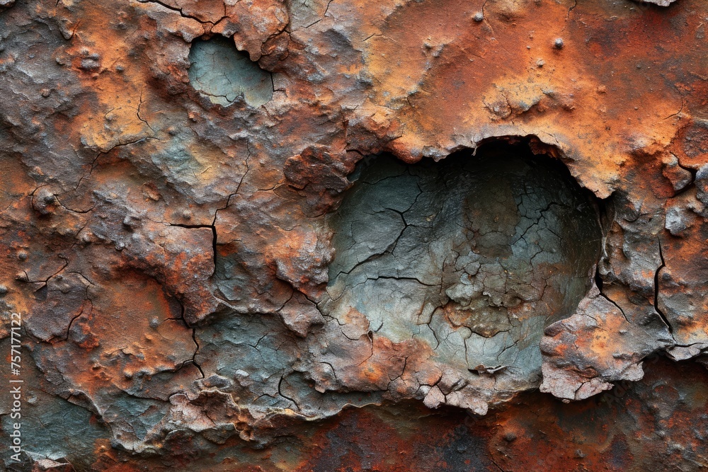 An aged steel rusted surface with weathered holes adorns this damaged ...