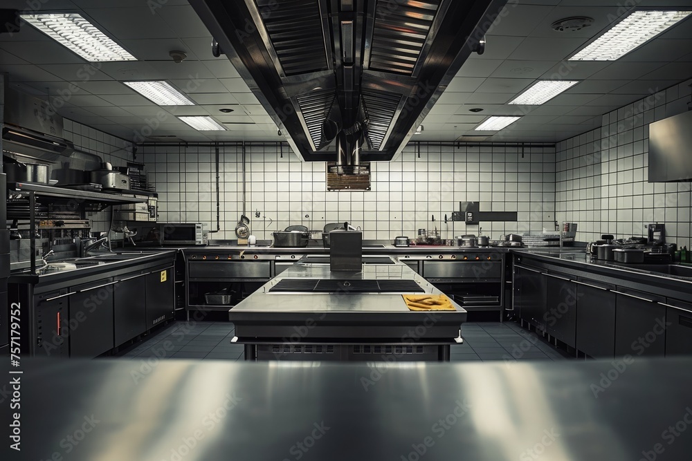 A large industrial kitchen featuring a long table, designed for ...