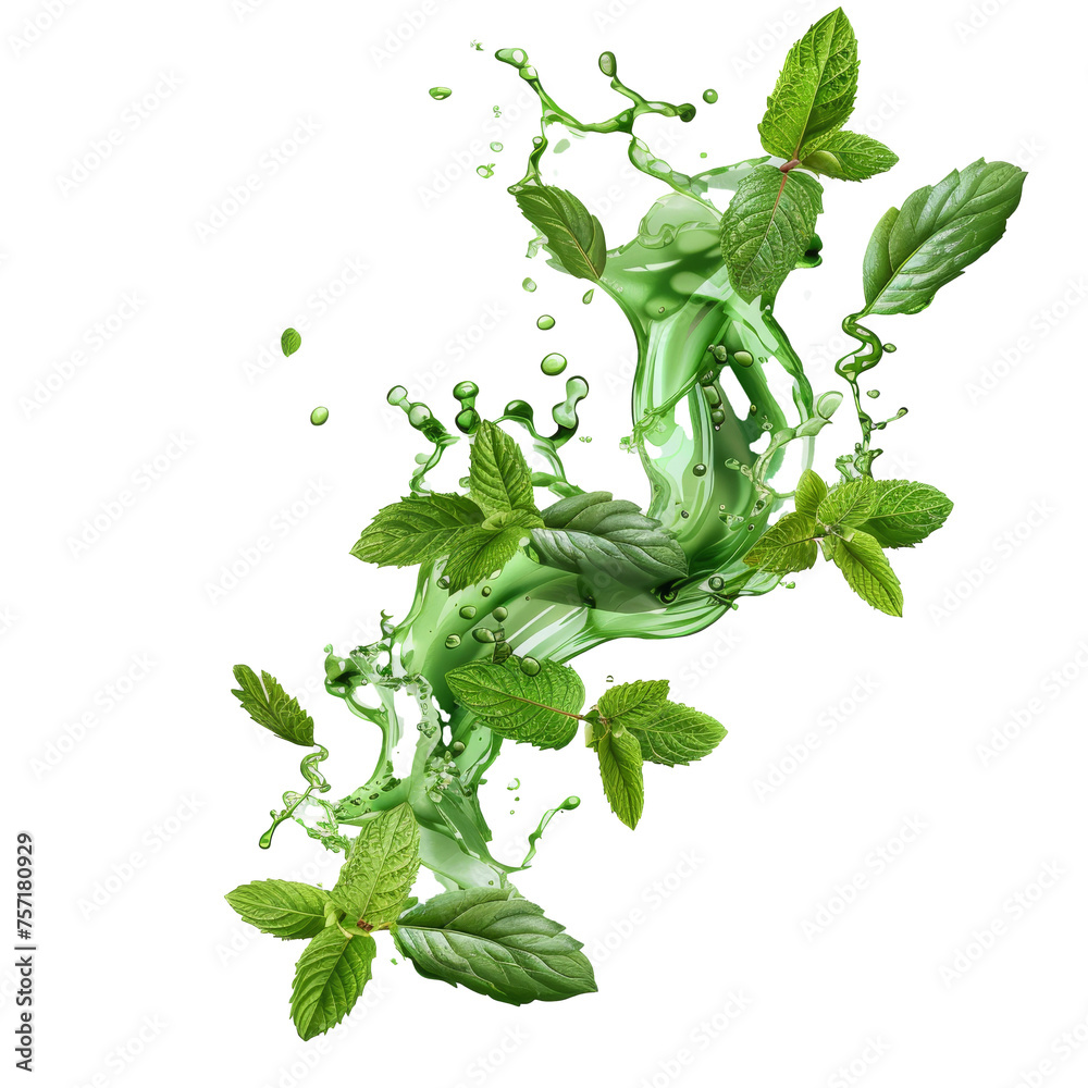 A splash of green tea with mint and matcha on a transparent background ...