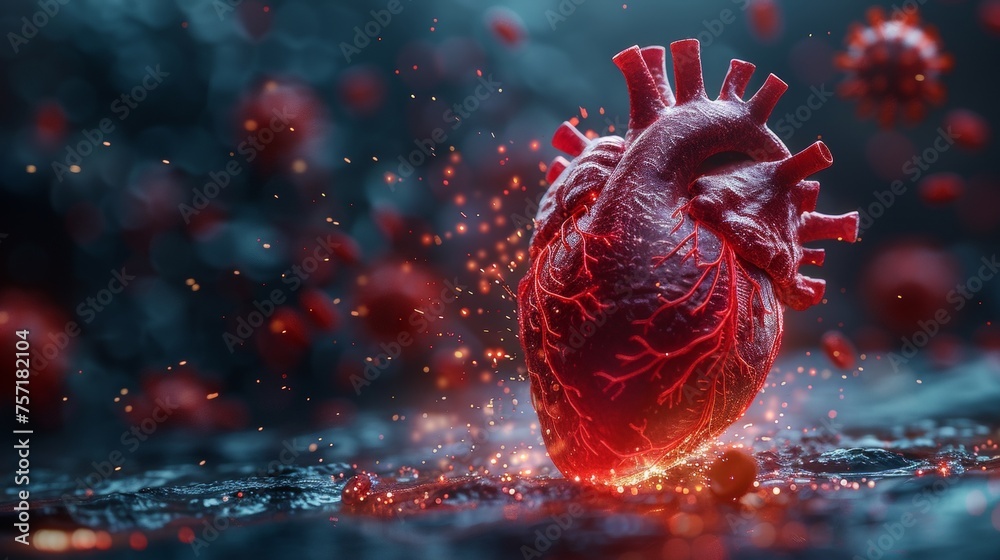 Red human heart attacking by red viruses in transparent glass dome ...