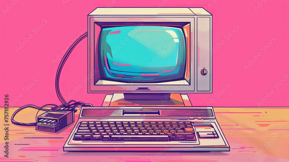 A classic computer setup is rendered in a retro style with vibrant neon ...