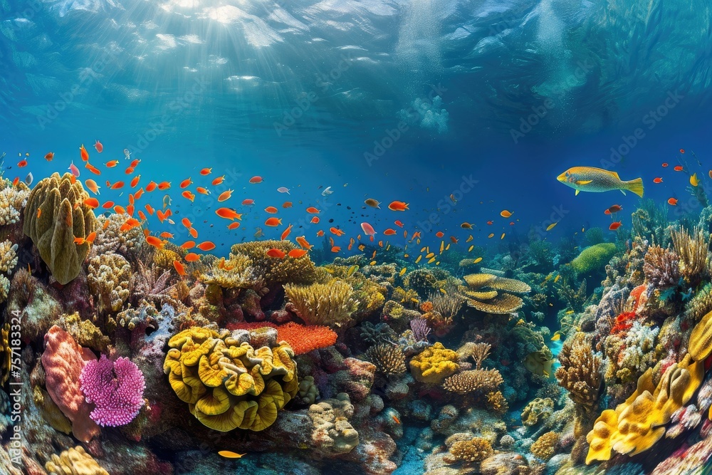 An underwater view showcasing the vibrant colors and diverse marine ...