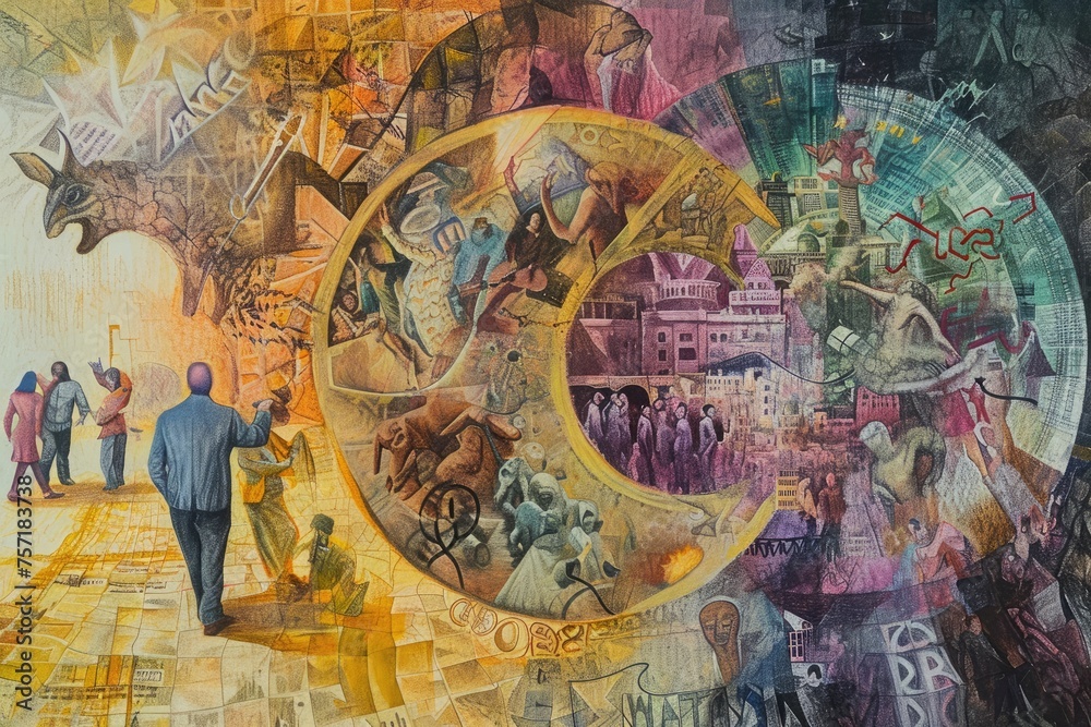 A detailed painting capturing a man standing in front of a towering ...