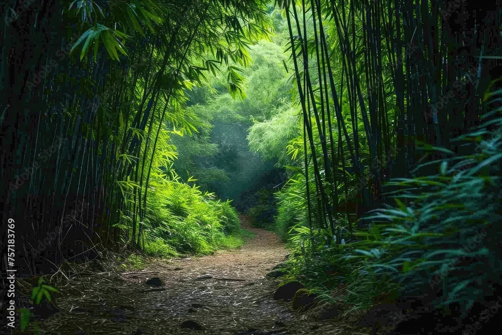 A winding path leads through a dense bamboo forest with tall bamboo stalks creating a ...