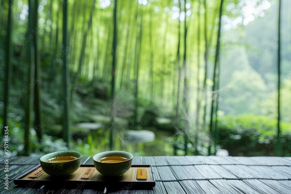Two bowls of tea are placed on a table, with bamboo trees forming a ...
