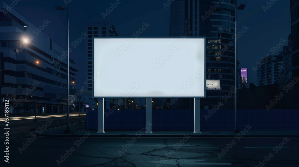 A large blank billboard stands prominently in a night-time urban ...