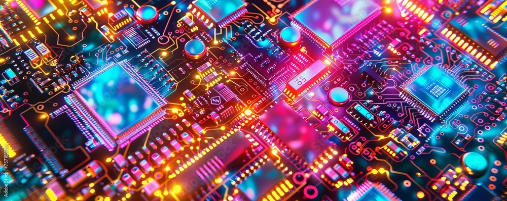 Neon lit microchip circuits on a PCB vibrant technology patterns for ...