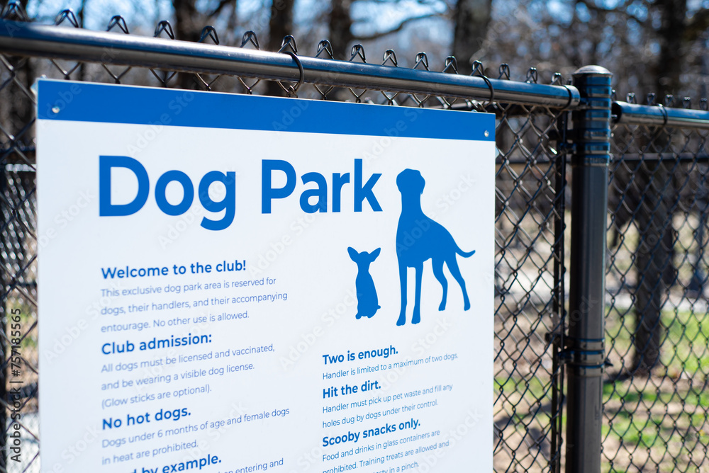 Dog park sign with rules policies on galvanized vinyl-coated chain link ...