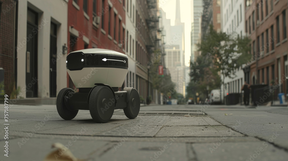This image depicts a modern delivery robot cruising down a city ...