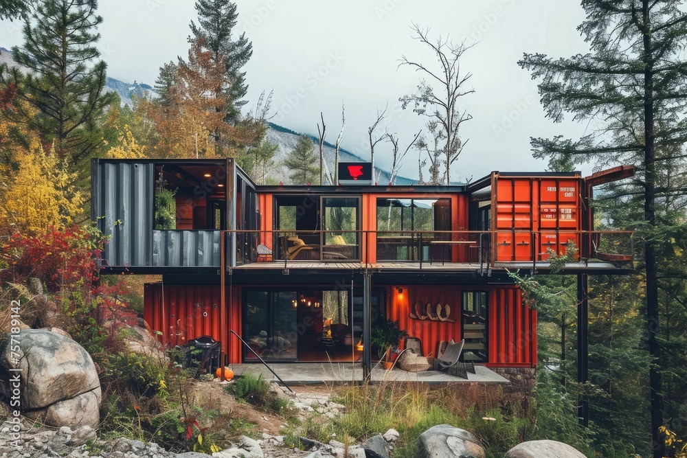 A contemporary dwelling, composed of upcycled shipping containers ...