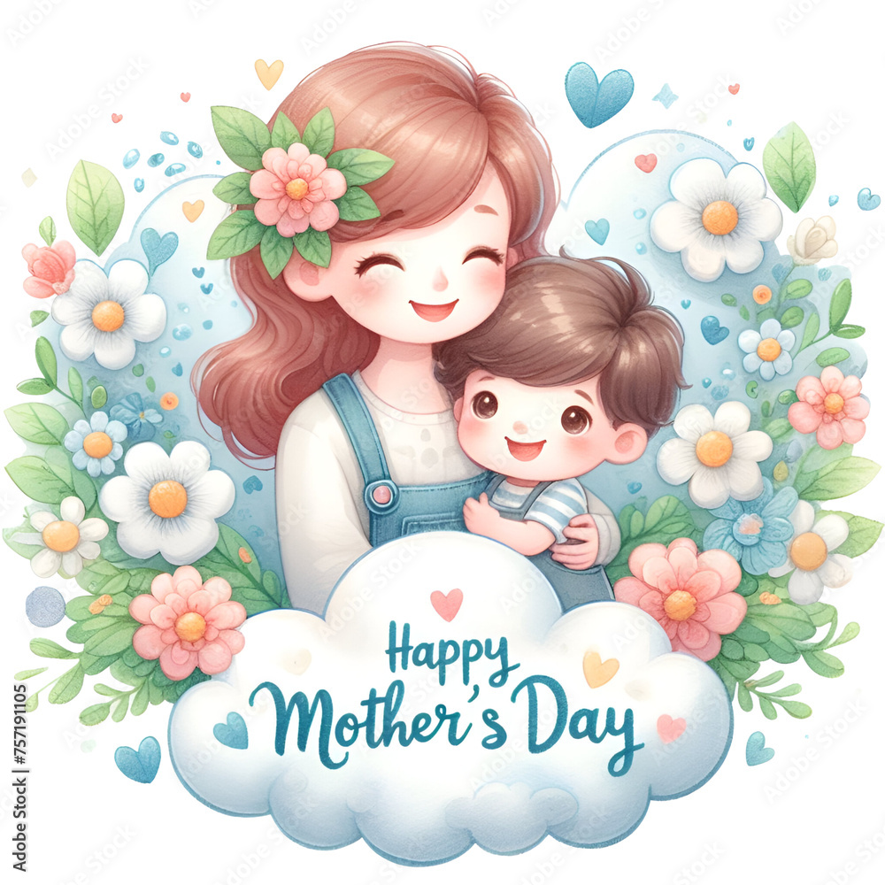Watercolor Cute Happy Mother's Day, clipart Mom and Baby Graphics, Love ...