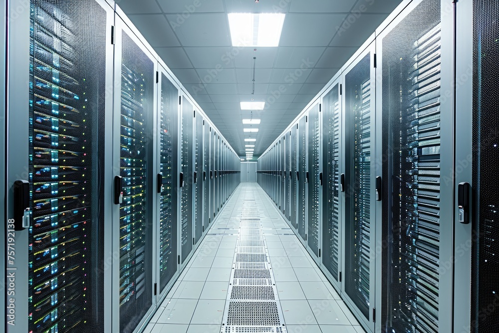 A photo showcasing neatly organized rows of servers in a data center, Massive server room with ...