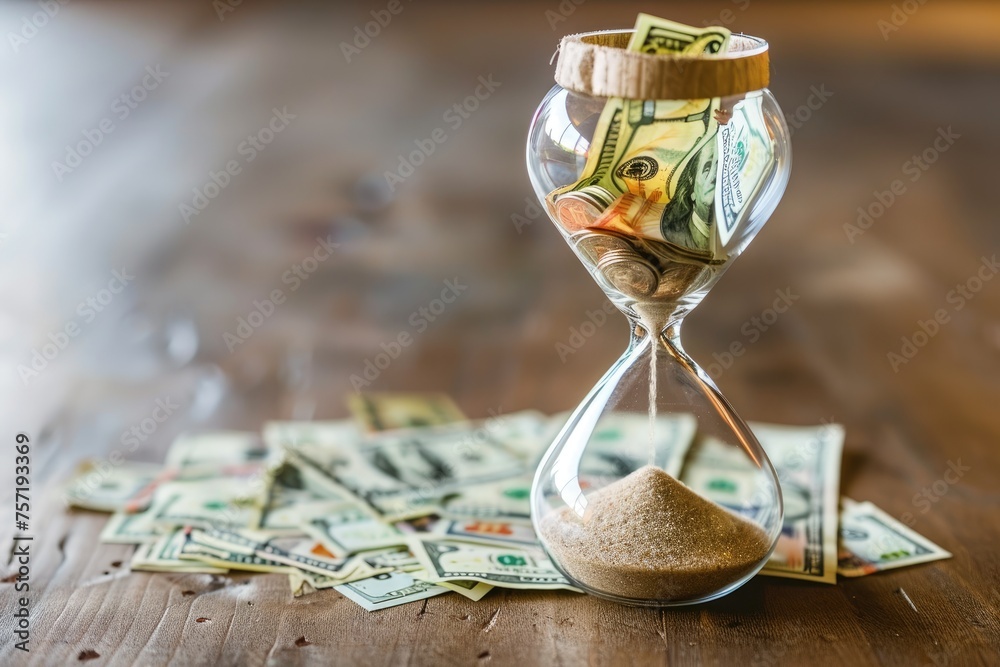 An hourglass sits atop a mound of cash, representing the fleeting ...