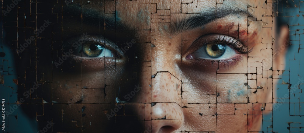 A closeup of a womans face reveals puzzle pieces covering her eyelashes ...