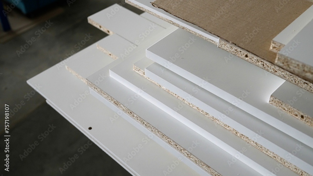 A stack of white MDF panels lies on the floor. Material for the ...