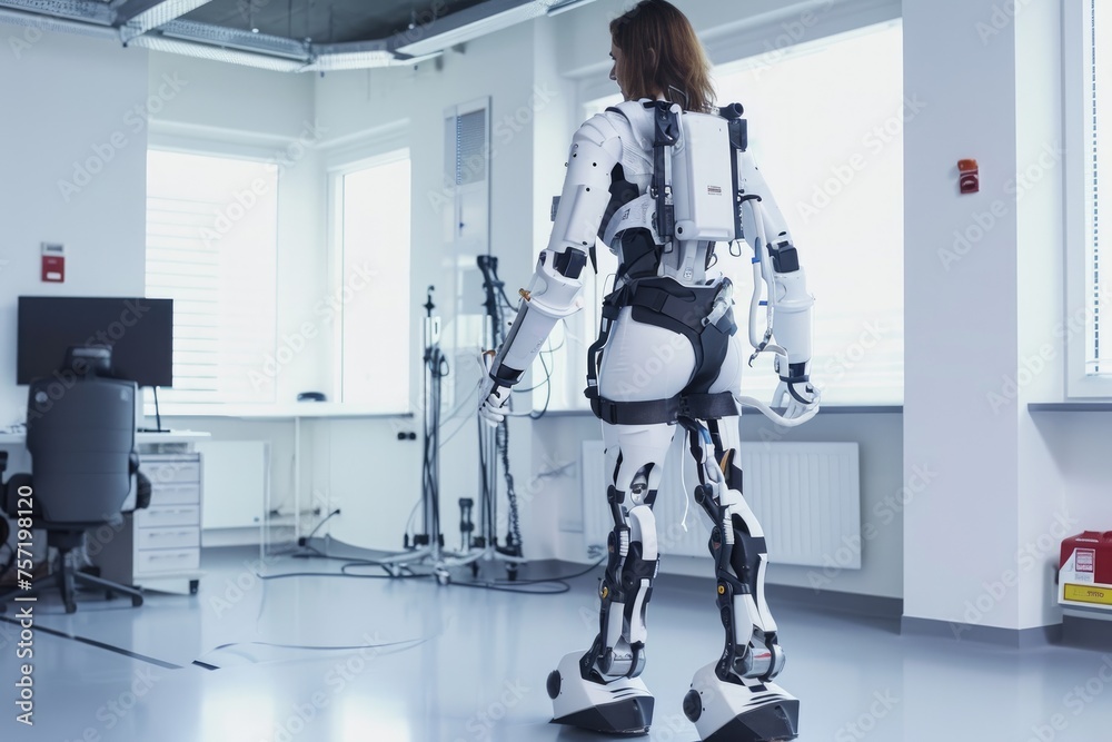 A woman stands in a room wearing a technologically advanced robot suit ...