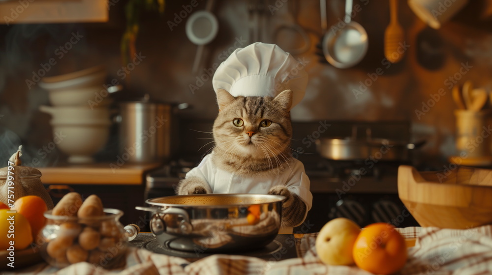 Cat in chef uniform, restaurant kitchen. Charming feline chef adds a ...