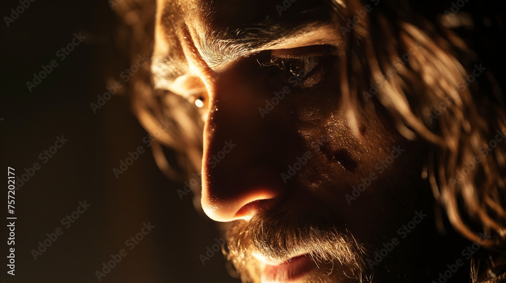 A close-up on the face of the resurrected Jesus, half in shadow and ...