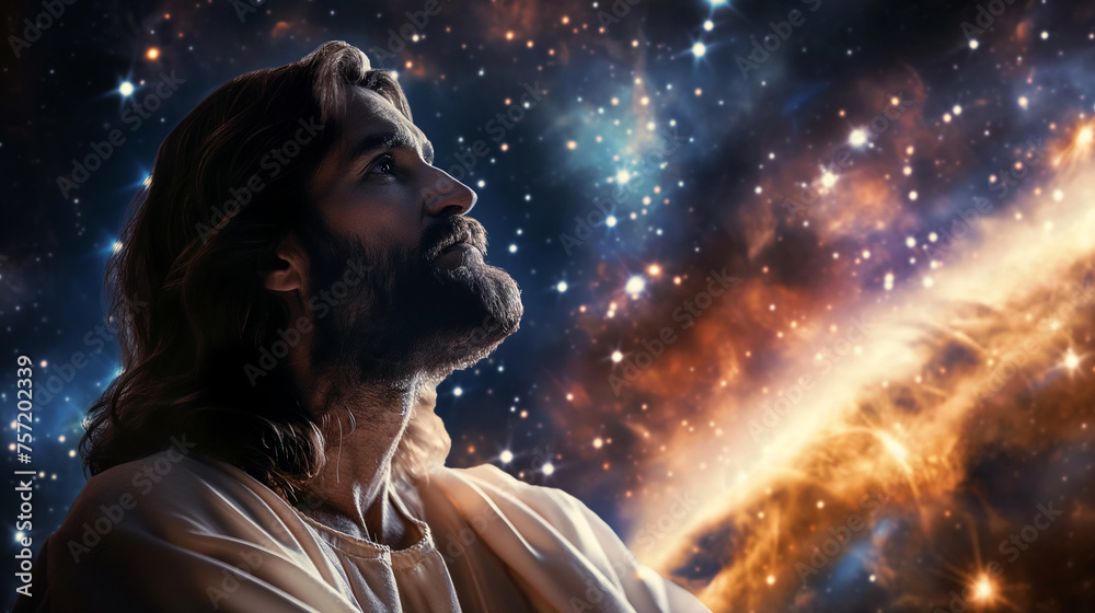 Jesus depicted as a cosmic gardener, nurturing a galaxy of stars and ...
