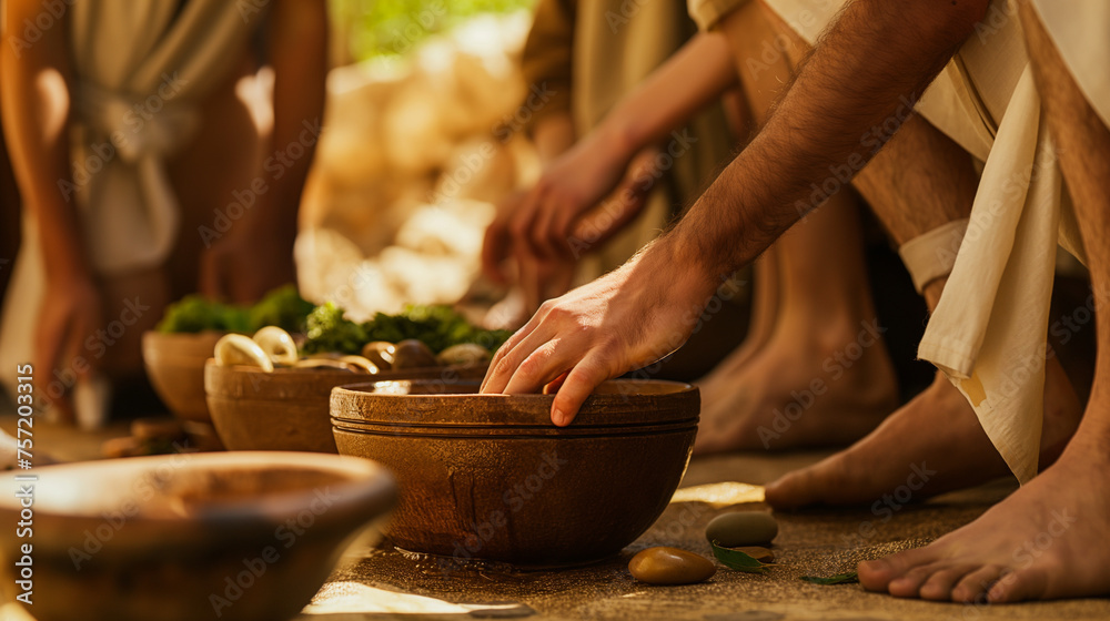 Jesus washing the disciples' feet at the Last Supper, showcasing ...