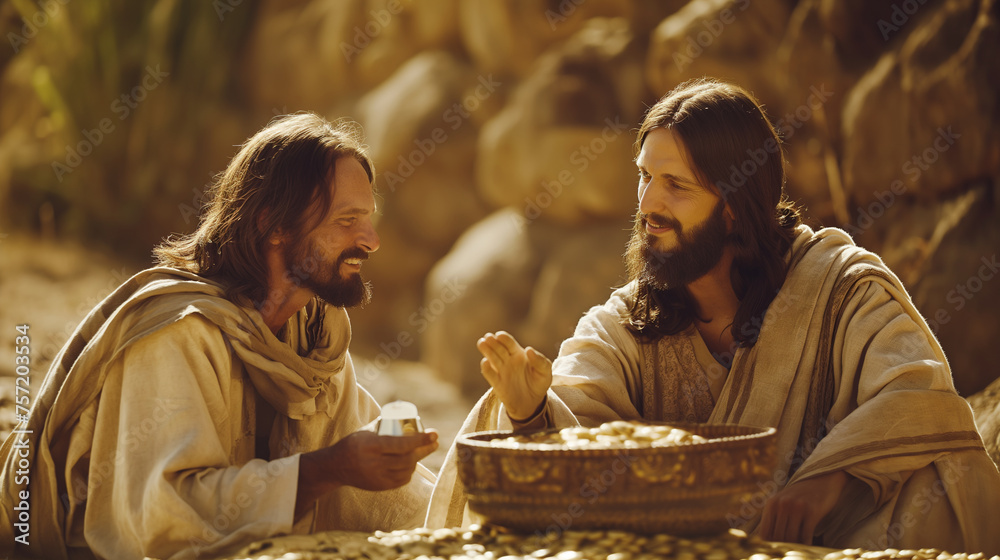 The moment of Jesus and the rich young ruler, depicted with Jesus ...