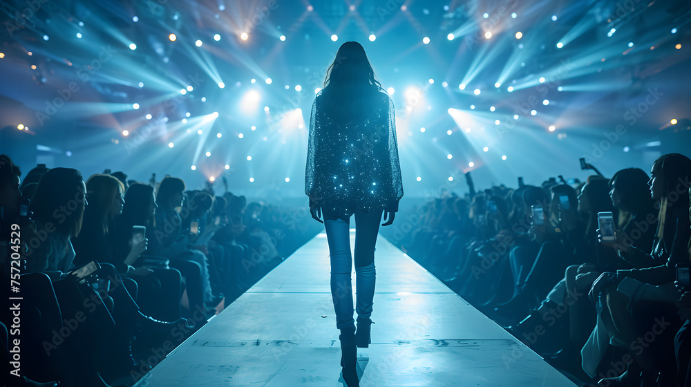 Fashion model facing the audience on a catwalk with blue runway lights ...