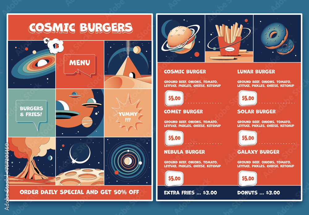 Retro Fast Food Menu Template In Vintage Cartoon Space Theme Stock ...