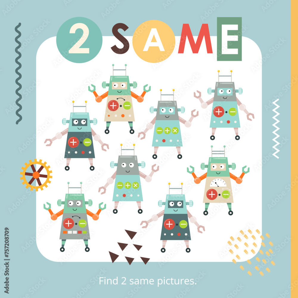 Cute Robots activities for kids. Find two same pictures. Logic games ...