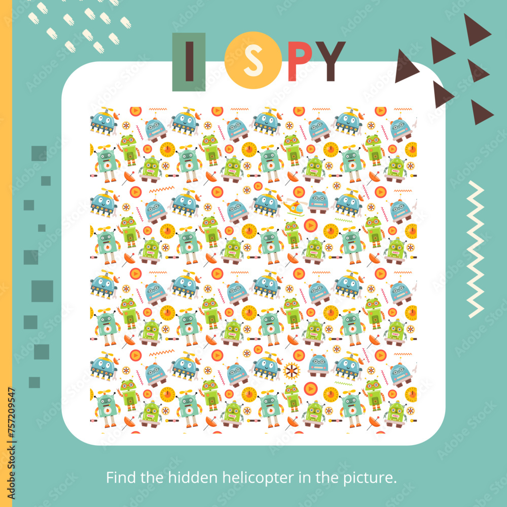 Cute Robots activities for kids. I spy game. Find the hidden helicopter ...