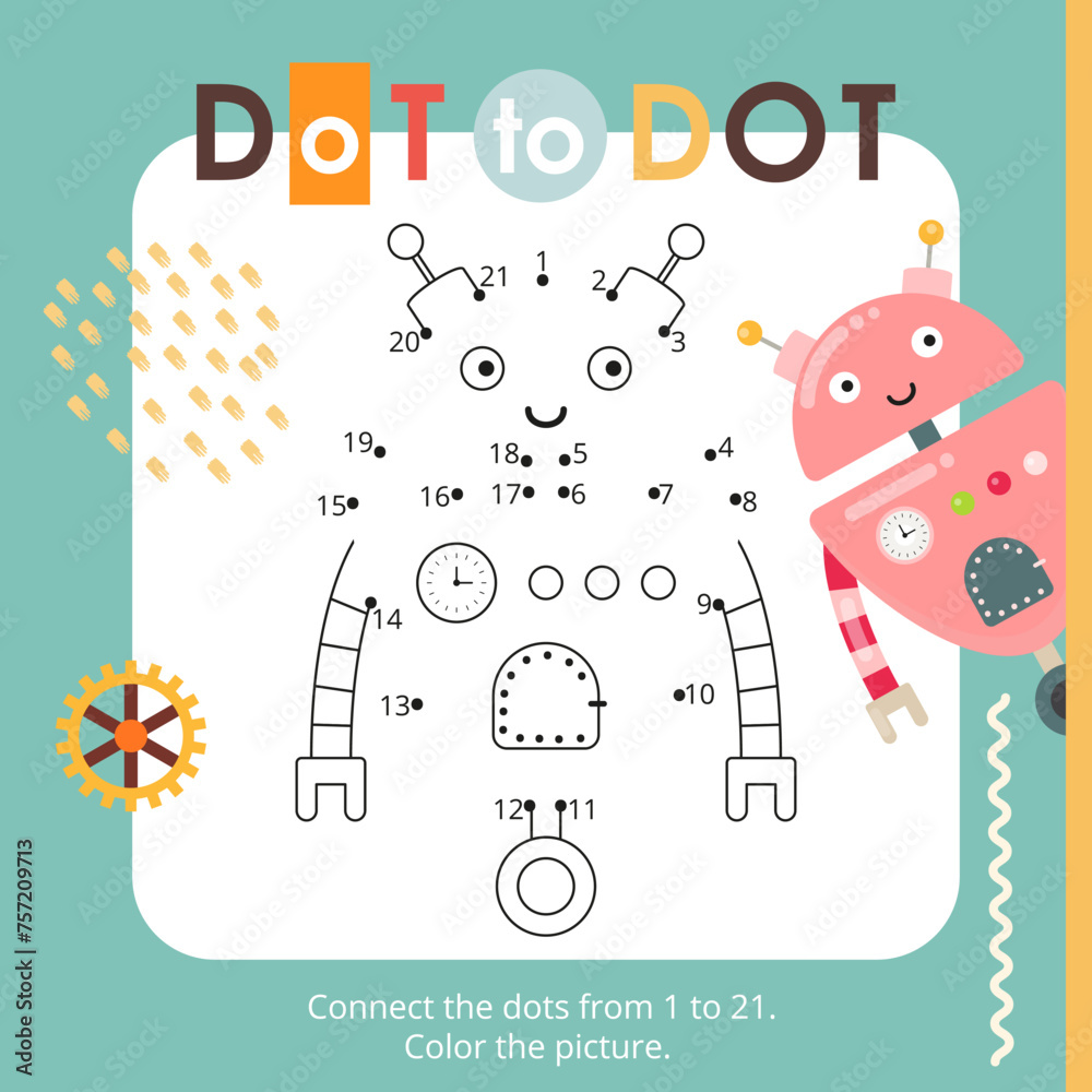 Cute Robots activities for kids. Dot to dot game – Funny Robot. Numbers ...