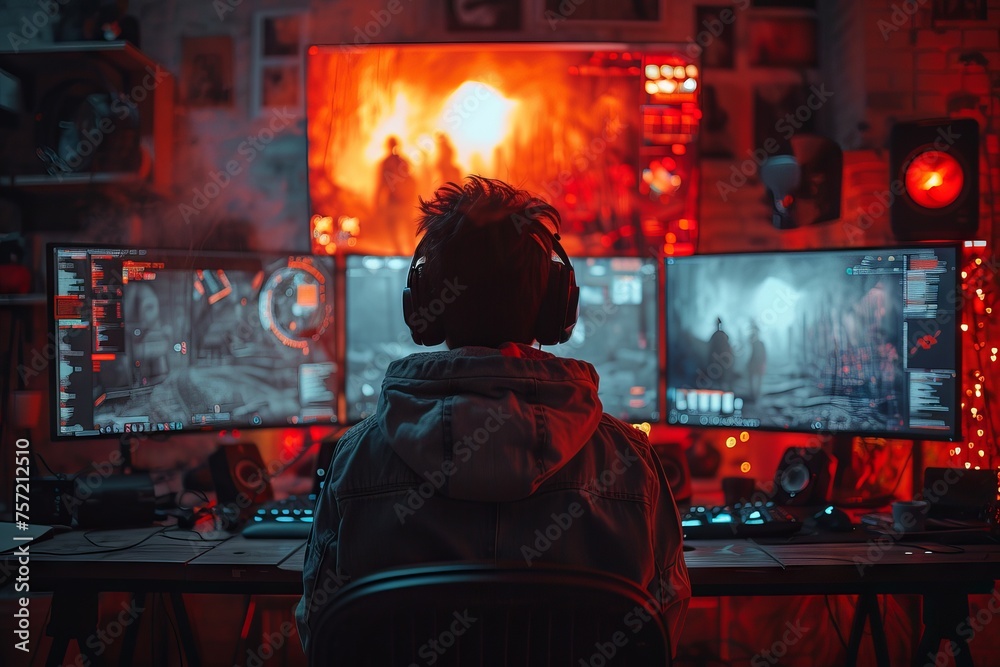 IT specialist in front of monitors and holograms with an interface and ...