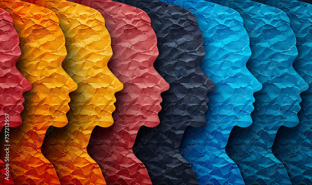 Silhouettes of human heads profiles pattern of different colors with ...