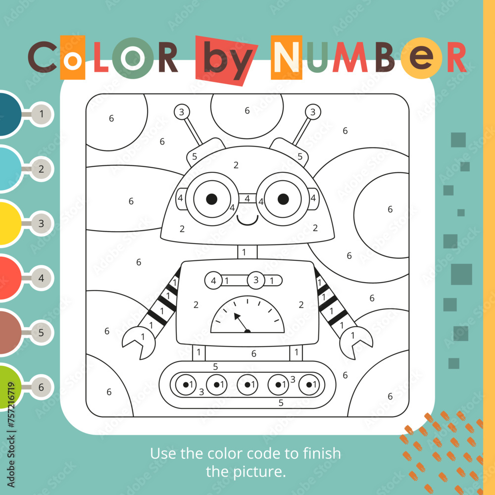 Activities for kids. Color by numbers – little robot. Logic games for ...