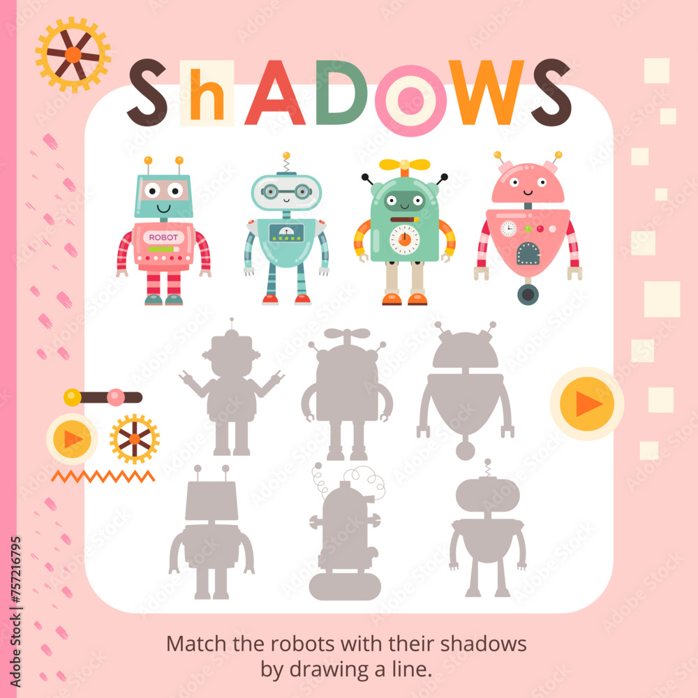 Cute Robot activities for kids. Find the correct shadow for robots ...