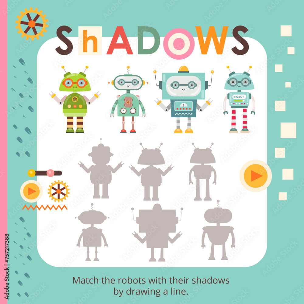 Cute Robot activities for kids. Find the correct shadow for robots ...