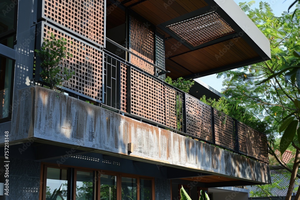 Balcony area of modern house covered in wood with plants, architecture ...