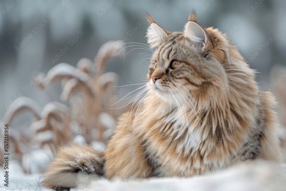 Fluffy Majestic Maine Coon Cat Sitting Outdoors with Elegant Fur and ...