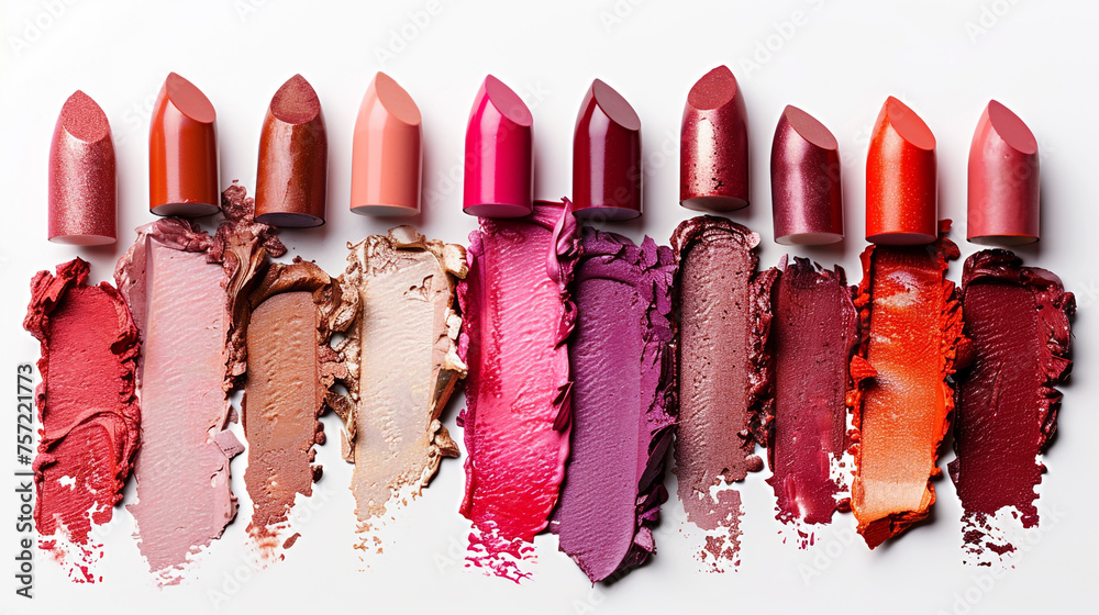 Feature lipsticks of various colors and finishes on a clean white ...