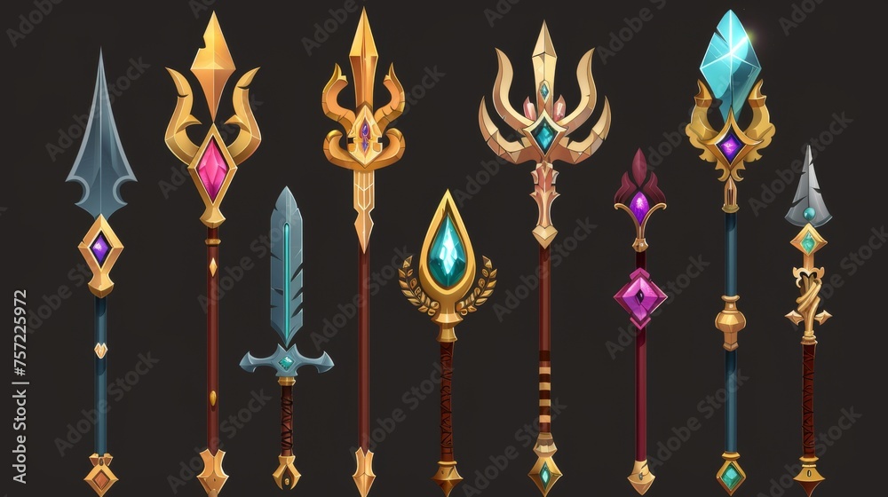 This is a modern cartoon illustration of golden spear forks that are ...
