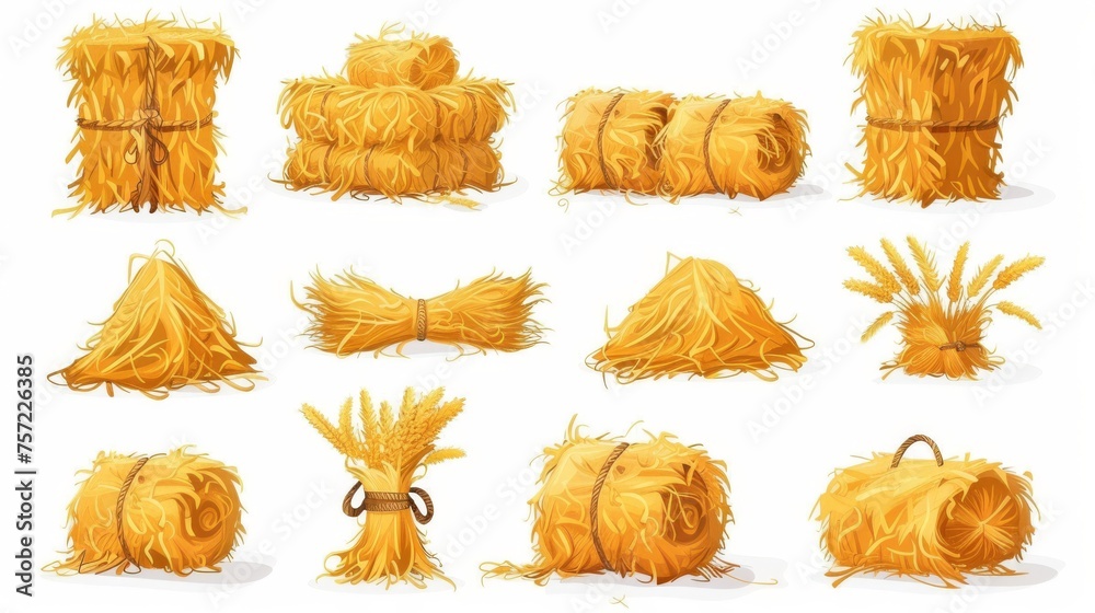 This modern cartoon illustration of straw bales, stacks of hay, bundles ...