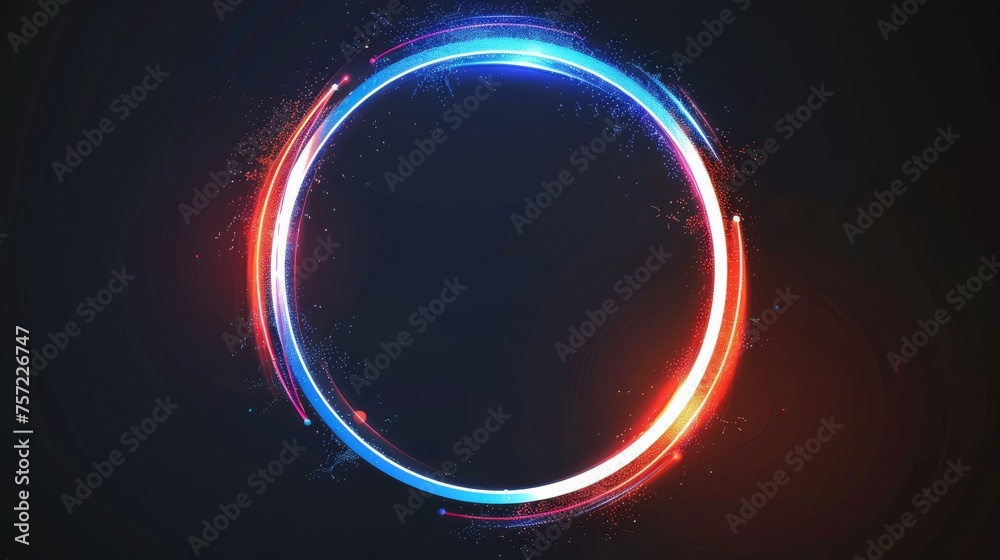 Neon glow circle frame with glitch effects on black background ...