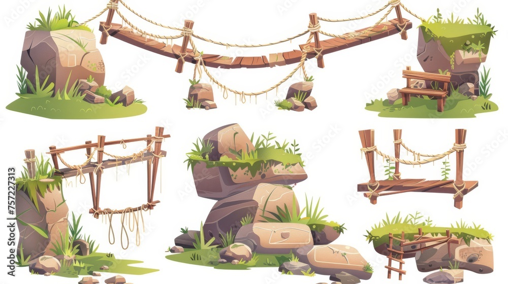For game UX design, a cartoon illustration set depicting a wooden ...